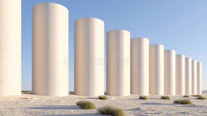 A Row of Tall, Cylindrical Concrete Structures in a Desert Landscape ...