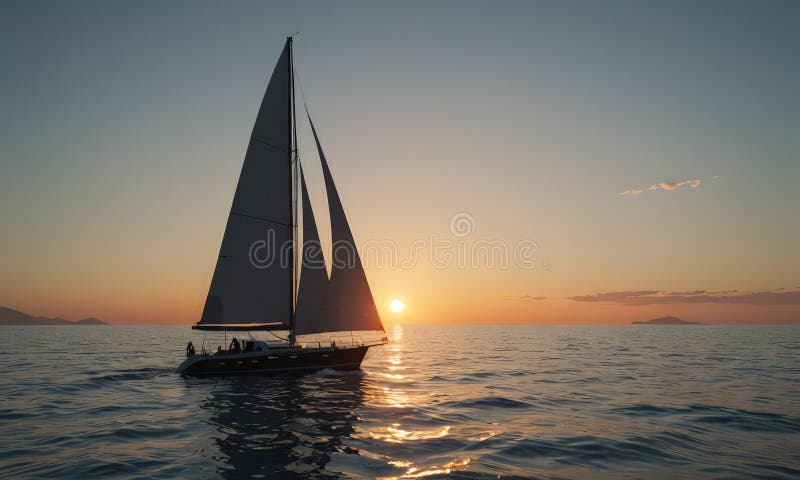 Sailboat with Triangular Sail Glides Across the Water at Sunset, with ...