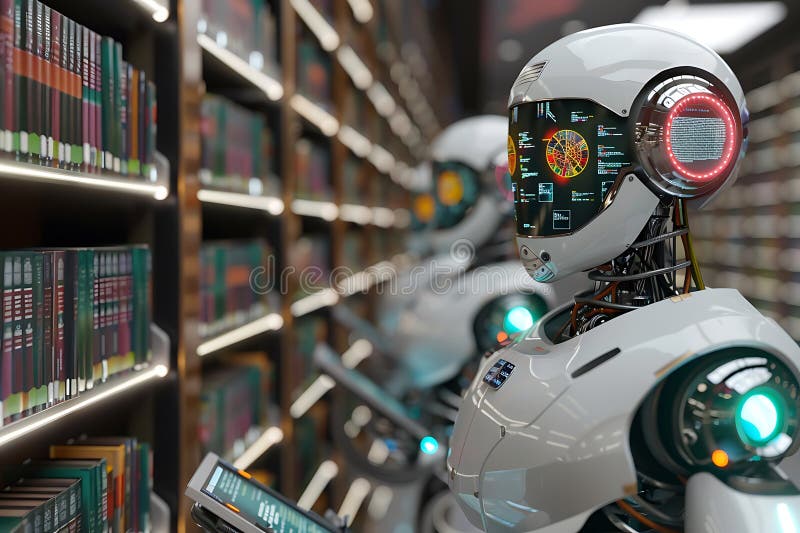 Futuristic Robots in a Modern Library Setting Stock Illustration ...