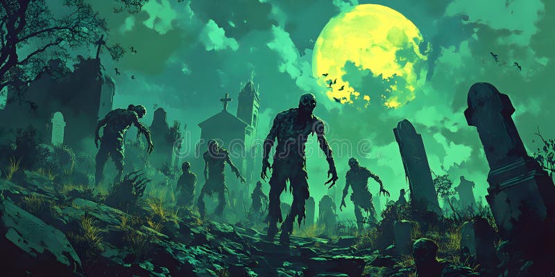 Zombies Roaming in Eerie Graveyard Scene Stock Illustration ...