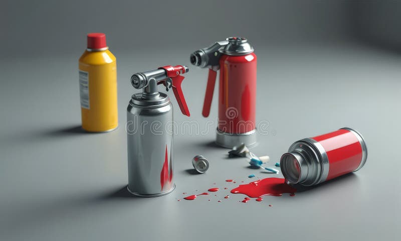 Three Spray Paint Cans, One Red and Two Yellow, are Scattered on Gray ...