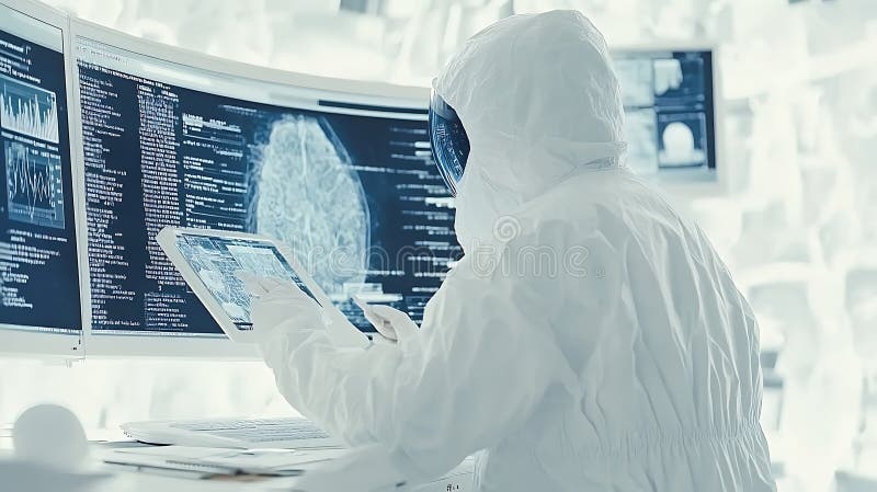 A Scientist Wearing Protective Gear is Analyzing Medical Data Stock ...