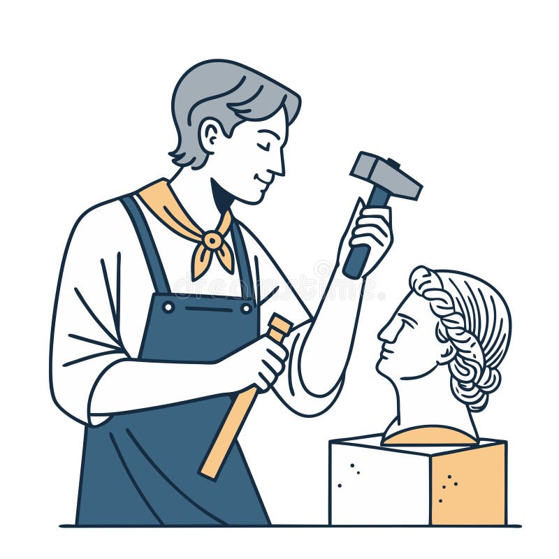 Sculptor Carving Classical Statue with Hammer and Chisel in Creative ...