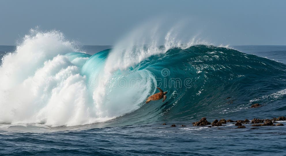 Turtle Riding a Wave in Ocean - Generated Using Ai Stock Illustration ...