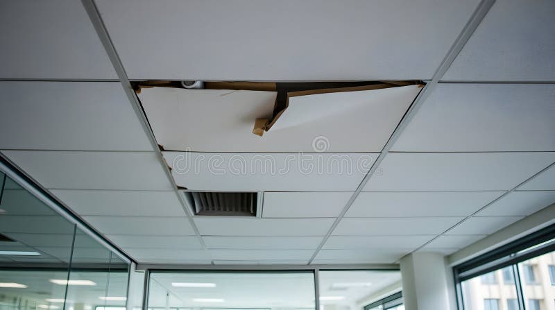Damaged Ceiling Tiles in Modern Office Space Stock Illustration ...