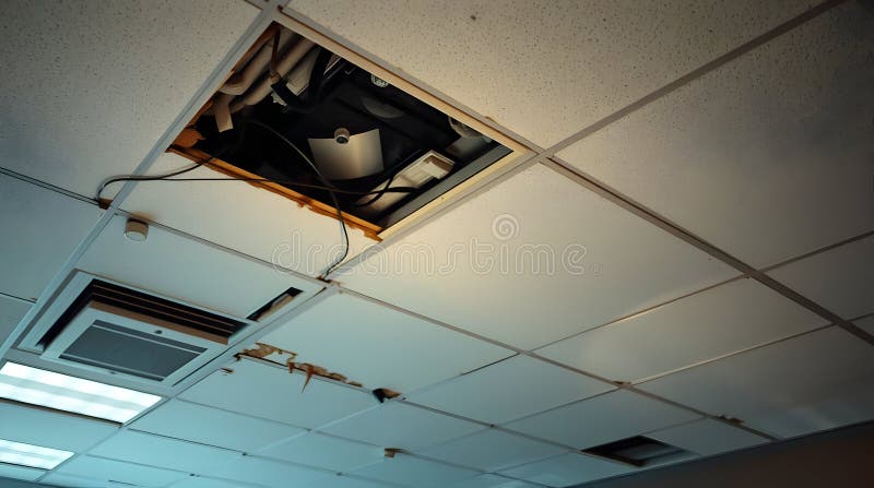 Damaged Suspended Ceiling with Exposed Wiring and HVAC System Stock ...