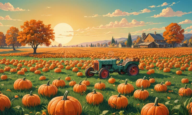Vibrant Autumn Scene Features Field Pumpkins, Tractor, and Farmhouse ...