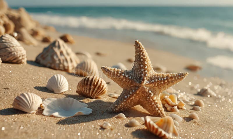 Starfish and Seashells Rest on Sandy Beach, with the Ocean S Waves ...
