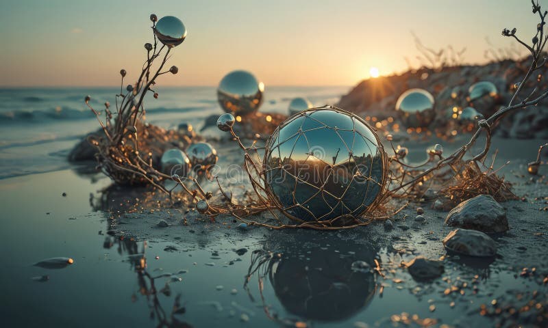 Serene Beach Scene at Sunset Features Collection Spherical Objects ...