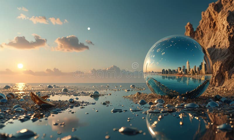 Glass Sphere Captures City Skyline at Sunset, with Rocky Cliff and Calm ...