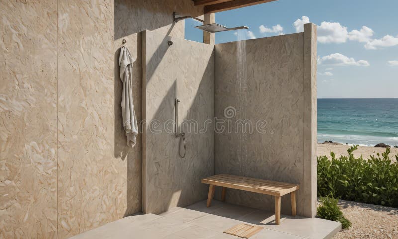 Modern Shower with Wooden Bench and View the Ocean is Featured in the ...