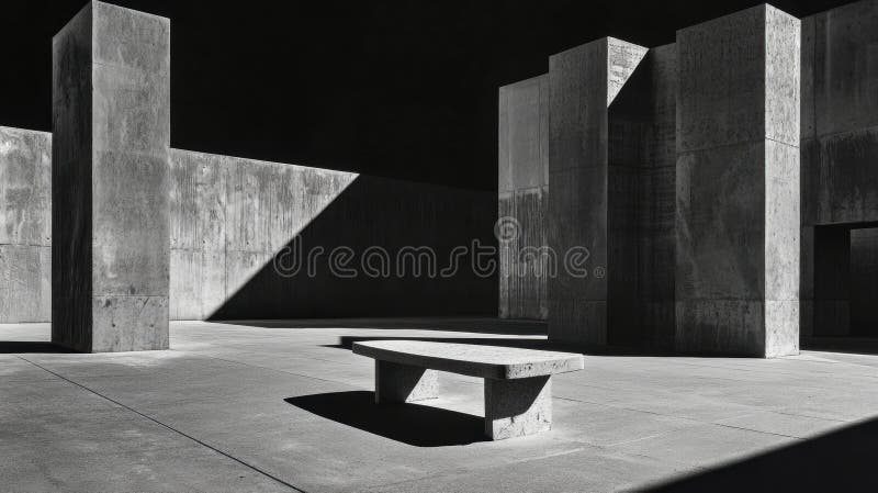 A Black and White Photograph of a Concrete Bench in a Courtyard. Stock ...