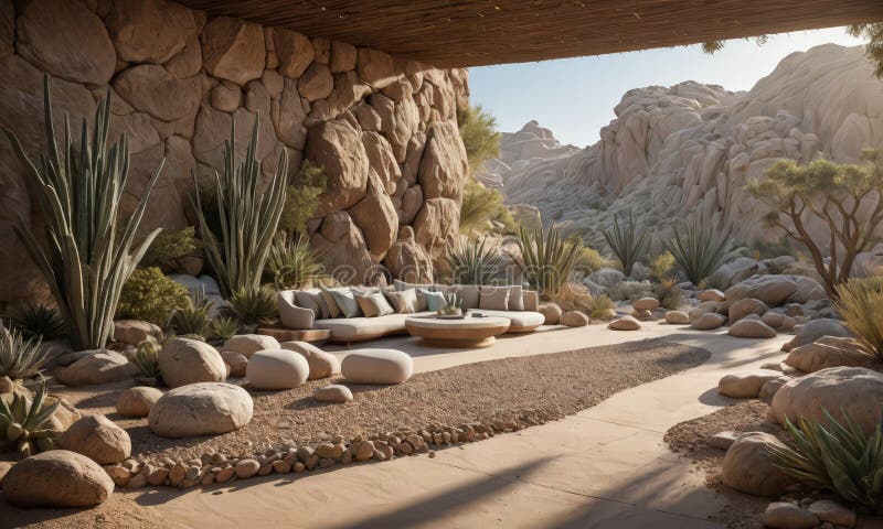 Desert-inspired Patio with Stone Wall, Cacti, and Seating Area, Bathed ...