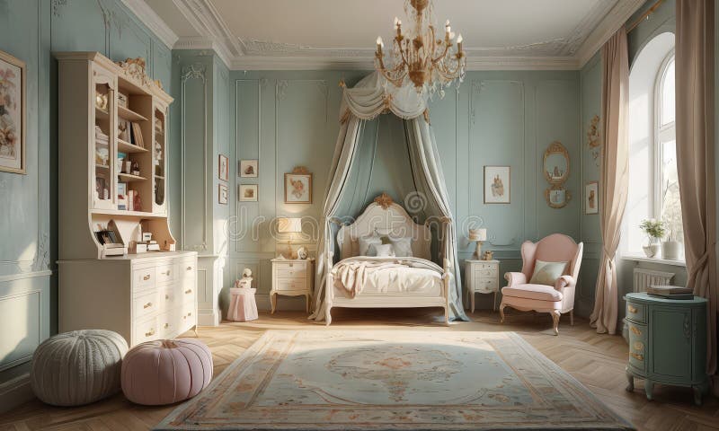 Serene and Elegant Bedroom Features White Canopy Bed, Pink Armchair ...