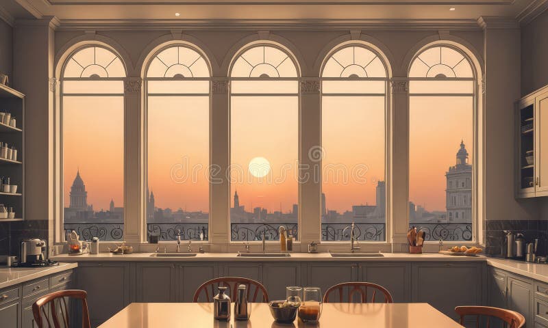 Serene Kitchen Scene at Sunset, Featuring Large Window with City ...