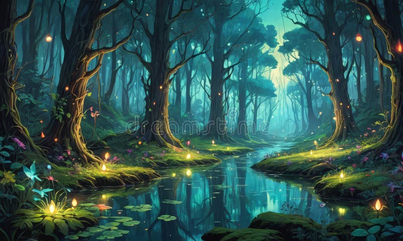 Serene Forest Scene with Winding Stream, Moss-covered Rocks, and ...