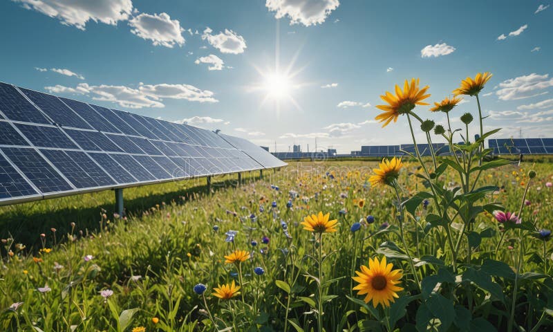 Solar Panel Array Stands in Field Vibrant Wildflowers, with Bright Blue ...