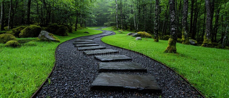 Winding Path Made Dark Gray Stones Leads Lush Green Forest Stock Photos ...