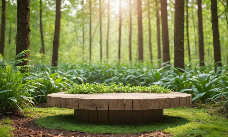 Circular Stone Bench with Plant Sits in Lush Forest, Surrounded by Tall ...