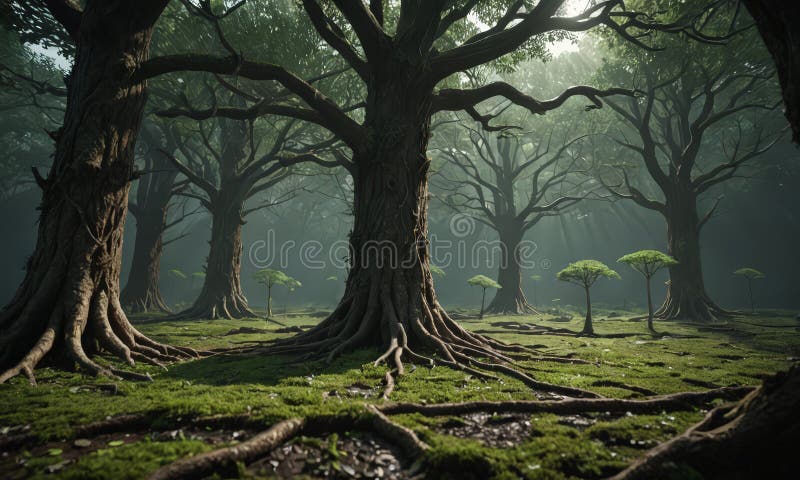 Dense Forest with Towering Trees and Moss-covered Ground, Creating ...