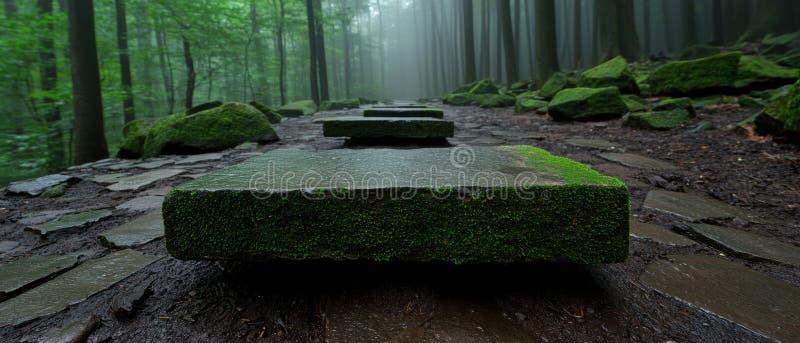 A Forest Path with Mossy Rocks and Stepping Stones. Stock Illustration ...
