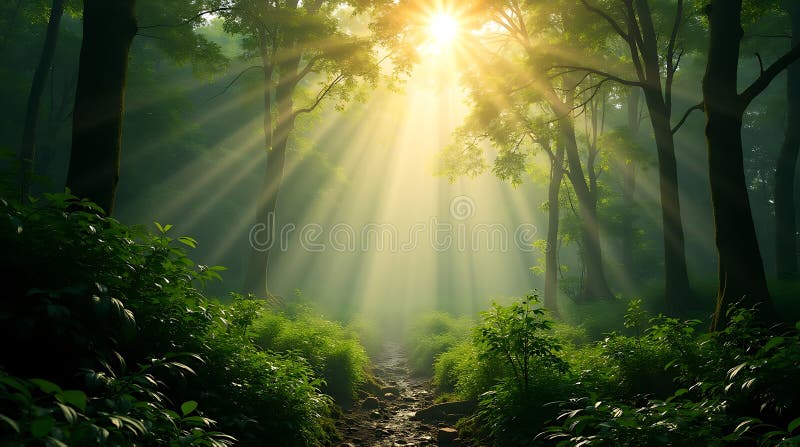 Sunlight Streaming through Lush, Green Forest Canopy Stock Photo ...