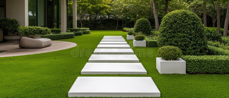 White Stone Pathway Leads Modern House Large Glass Window Stock Photos ...