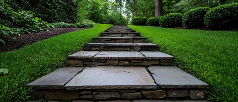 A Stone Pathway Leading To a Lush Green Lawn and Trees. Stock ...