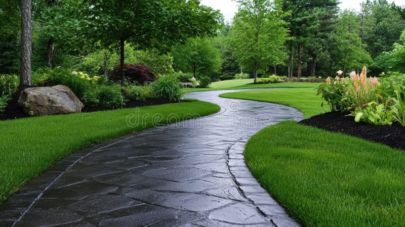 A Winding Black Stone Path Leads through a Lush Garden. Stock Photo ...
