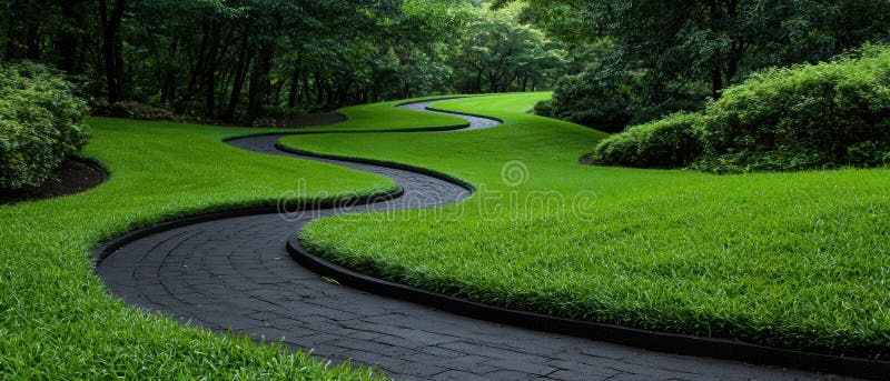 A Winding Path Made of Black Bricks Leads through a Lush Green Garden ...