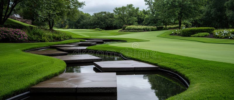 A Winding Water Feature in a Lush Green Golf Course. Stock Image ...
