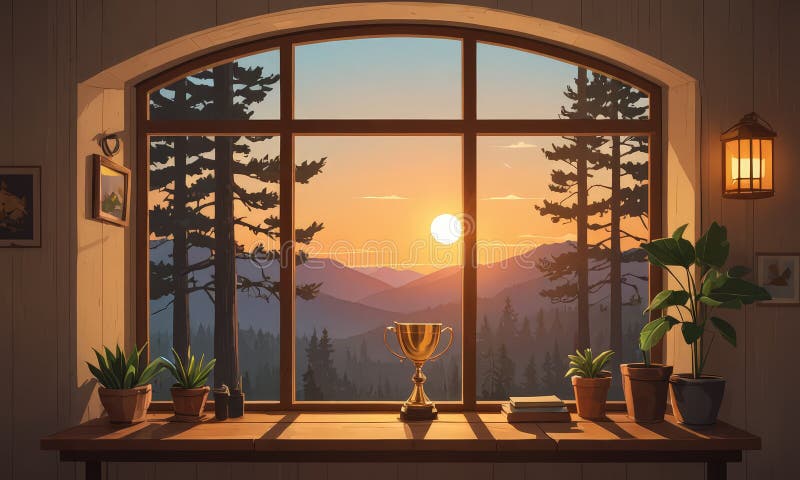 Serene Indoor Scene Features Large Arched Window with View Sunset Over ...