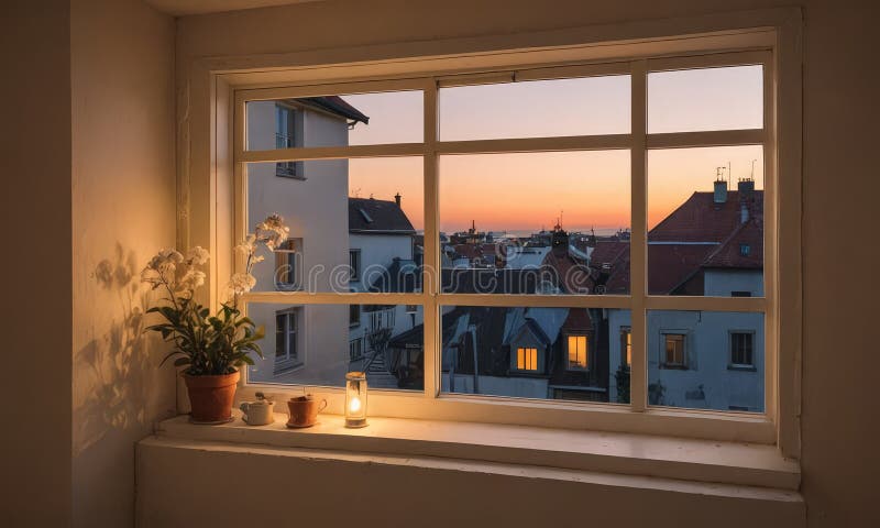 Serene Indoor Scene at Sunset, Featuring White Window with Lit Candle ...