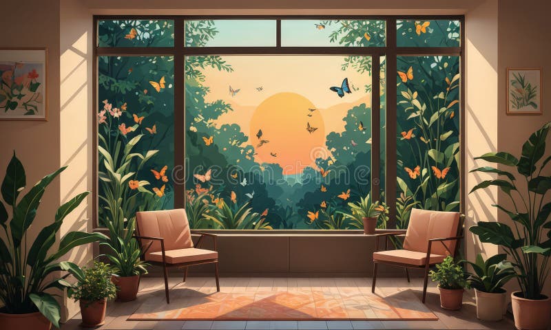 Serene Indoor Setting Features Large Window with Vibrant Sunset View ...
