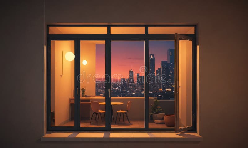 Window with City Skyline View at Dusk, Featuring Warm Orange and Pink ...