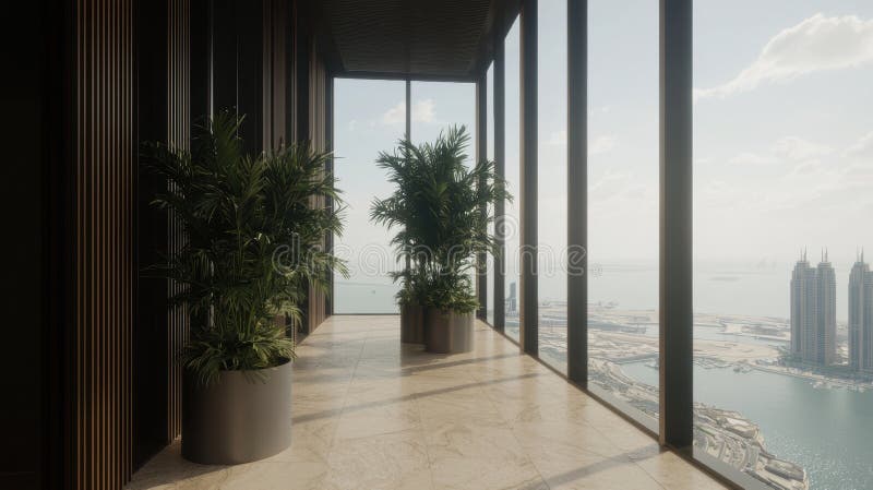 A Modern Balcony with Floor-to-ceiling Windows Overlooking a Cityscape ...