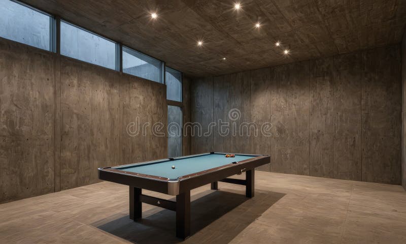 Modern Indoor Pool Room Features Blue Pool Table with White Felt Top ...