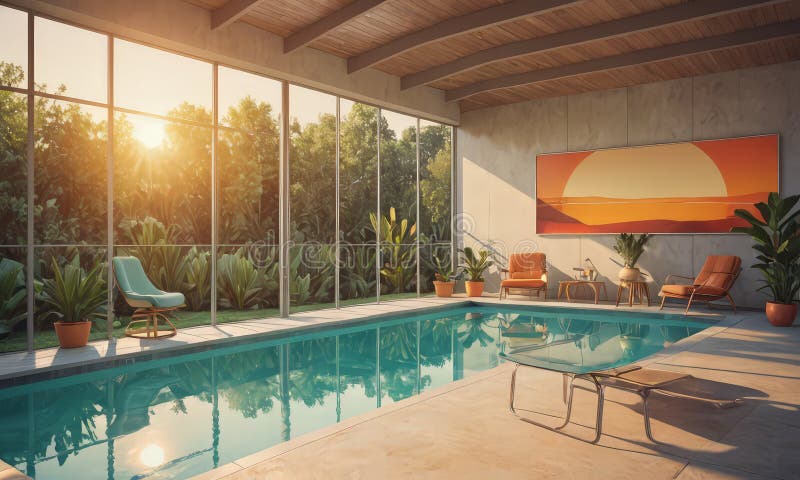 Modern Indoor Pool Area Features Large Window with View Trees and ...