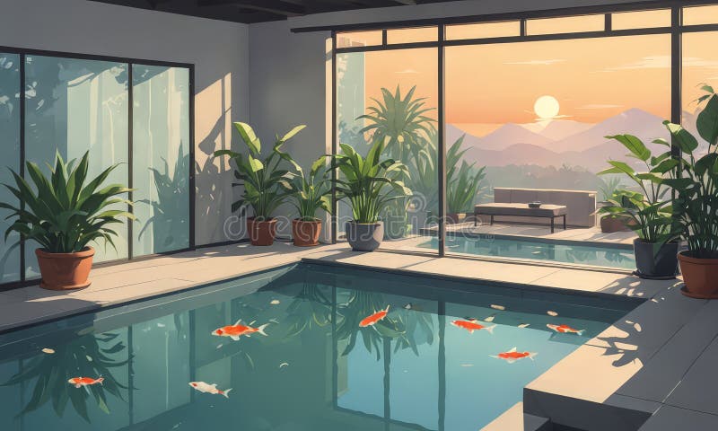 Modern Indoor Swimming Pool with Serene Sunset View, Featuring Large ...