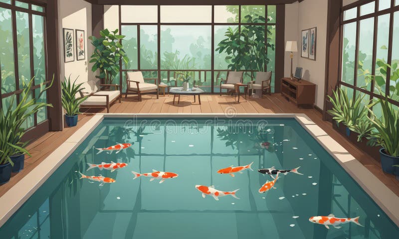 Modern Indoor Swimming Pool with Koi Fish Swimming in the Water ...