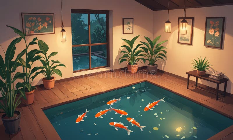 Serene Indoor Space Features Rectangular Pool with Orange Koi Fish ...