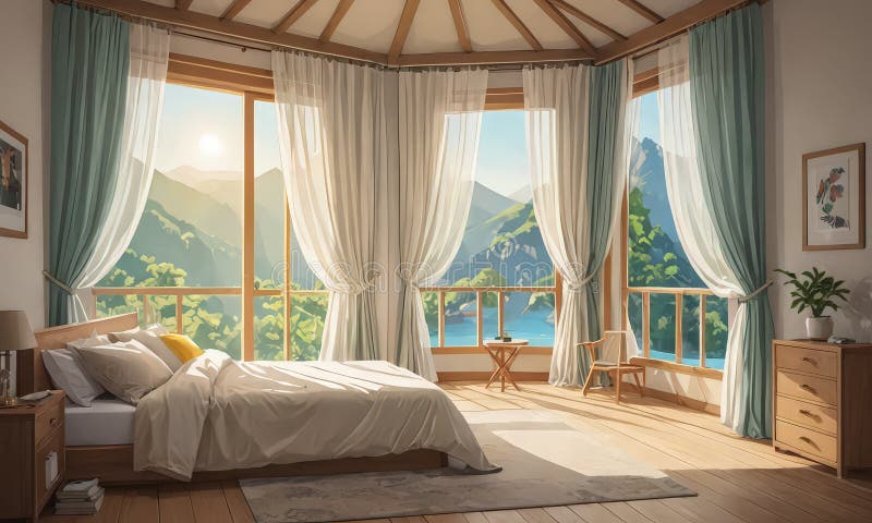 Serene Bedroom with Large Window, White Curtains, and View Mountain ...