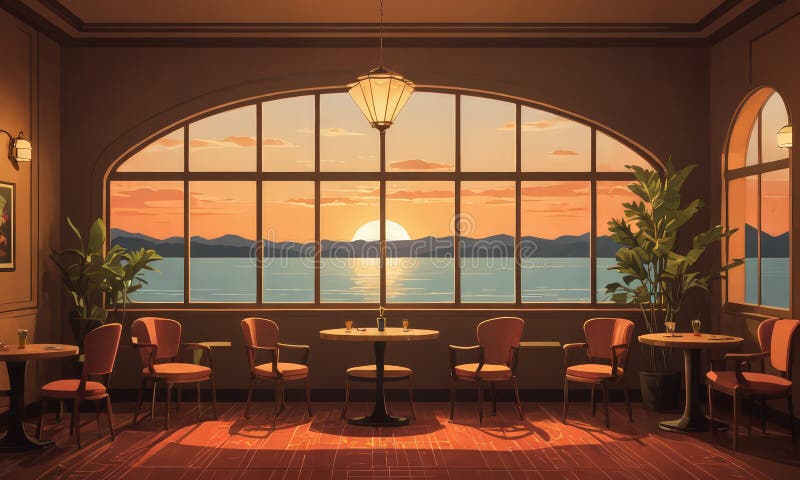 Serene Restaurant Interior with Large Arched Window, Chandelier, and ...