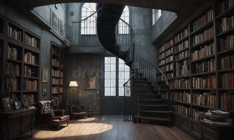 Dimly Lit Library with Tall Bookshelves, Spiral Staircase, and Wooden ...