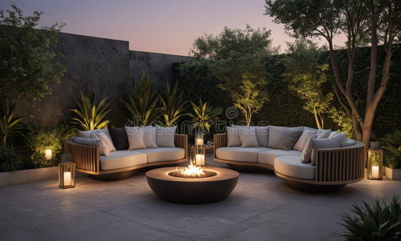 Serene Outdoor Patio at Dusk Features Curved Sofa, Round Coffee Table ...