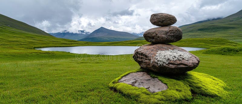 A Rock Balancing Sculpture in a Grassy Field. Stock Photo - Image of ...