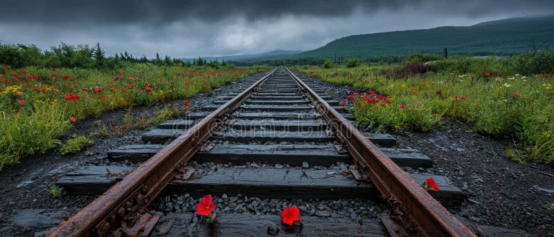 A Train Track with Red Flowers at the End. Stock Illustration ...