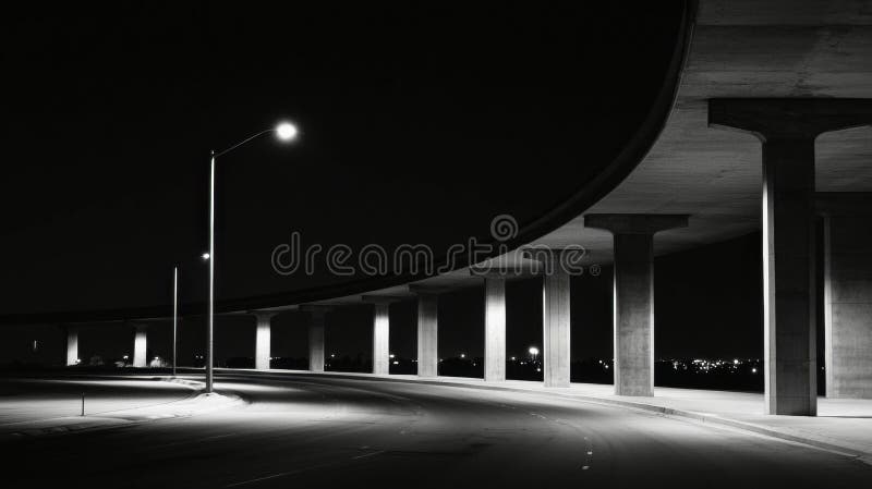 A Black and White Photo of a Highway Overpass at Night. Stock Image ...