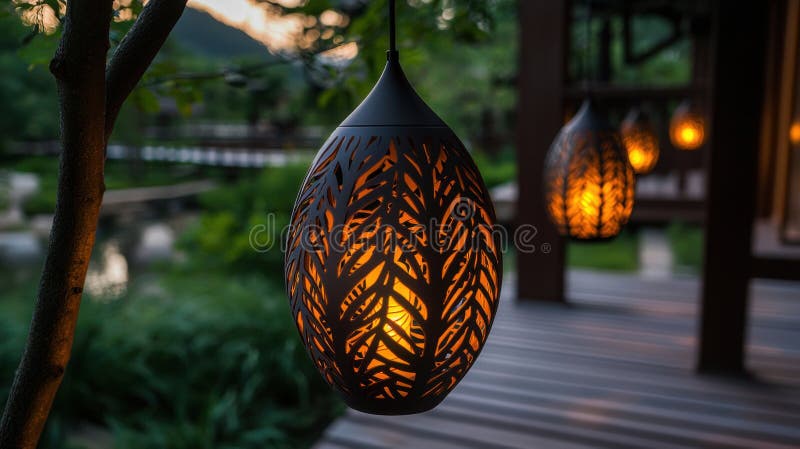 A Black Lantern with a Leaf Pattern Hangs from a Tree Branch. Stock ...