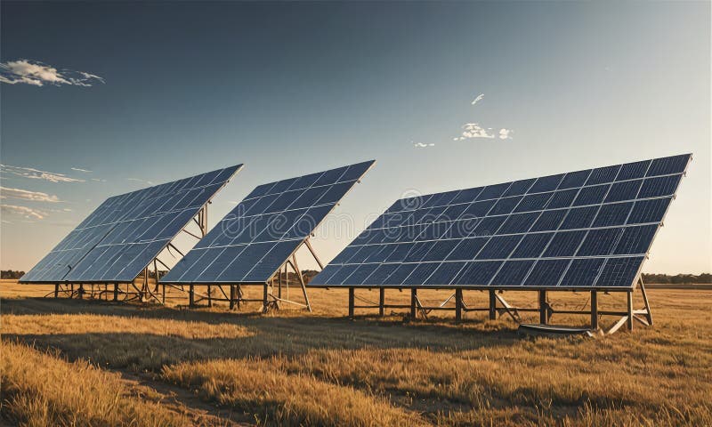 Three Solar Panels in Row, Angled To Capture Sunlight, with Clear Blue ...